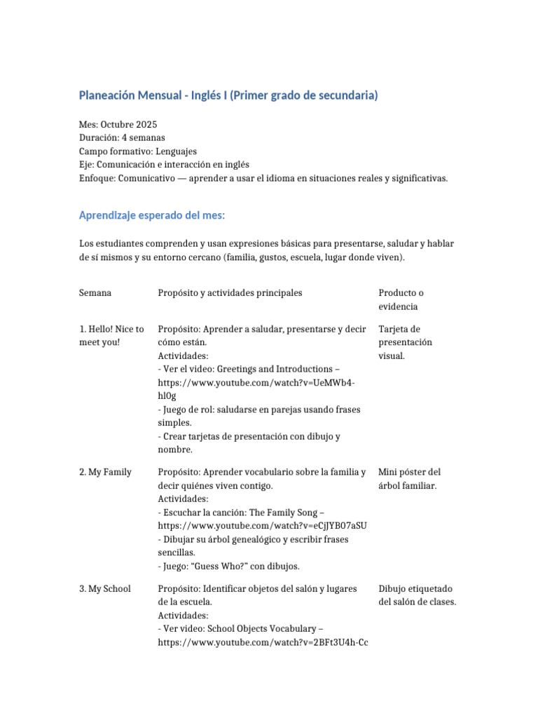 Planeacion Mensual Ingles Secundaria | PDF | Comunicación humana ...