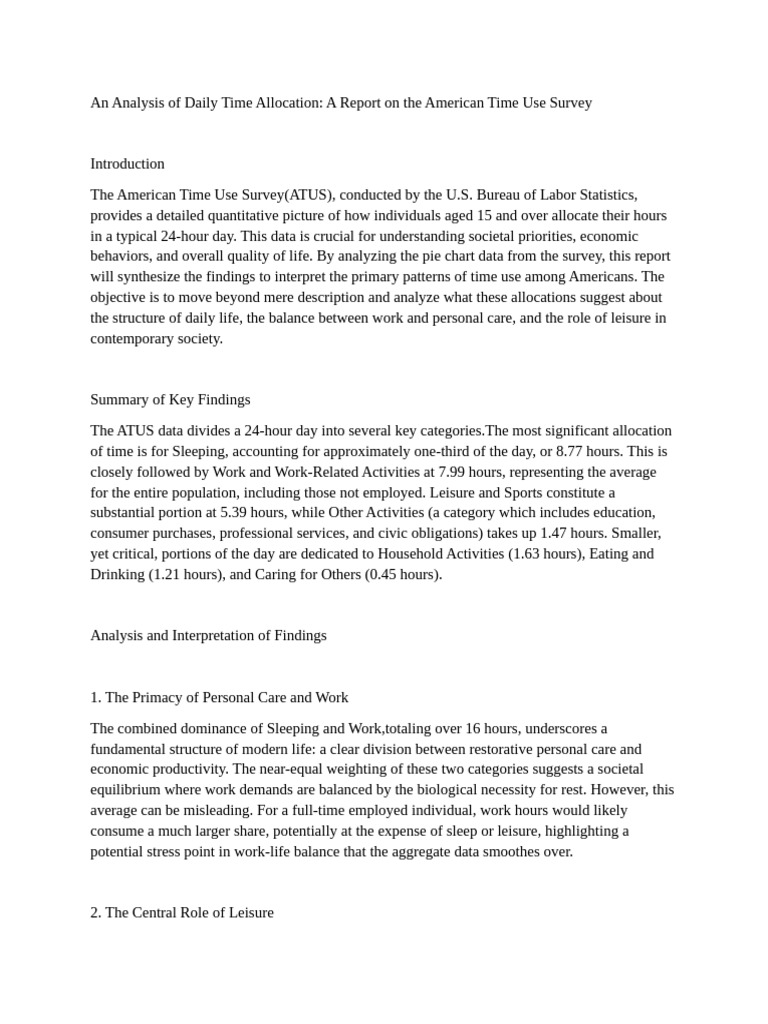 An Analysis of Daily Time Allocation a Report on the American Time Use ...