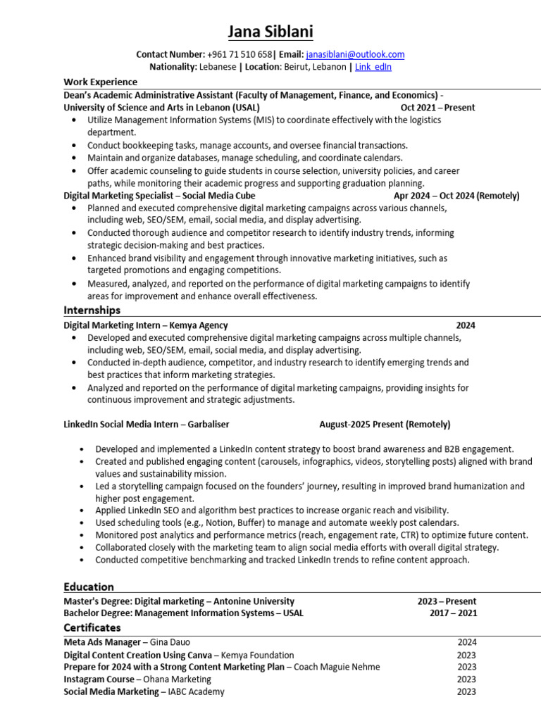 Jana Siblani - Resume | PDF | Digital Marketing | Marketing