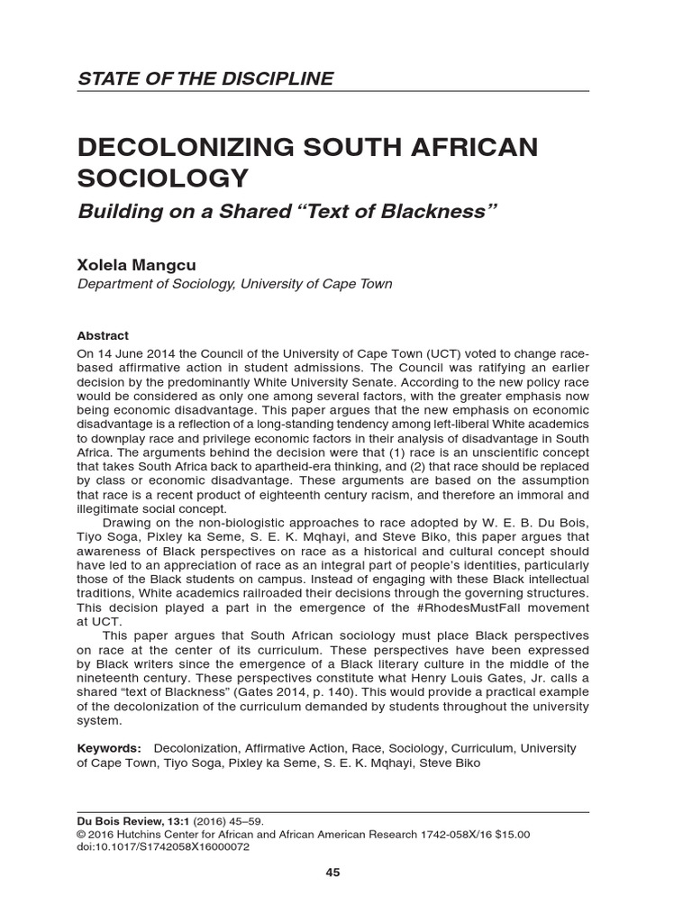 Decolonizing South African Sociology Xolela Mangcu | PDF | Race (Human ...