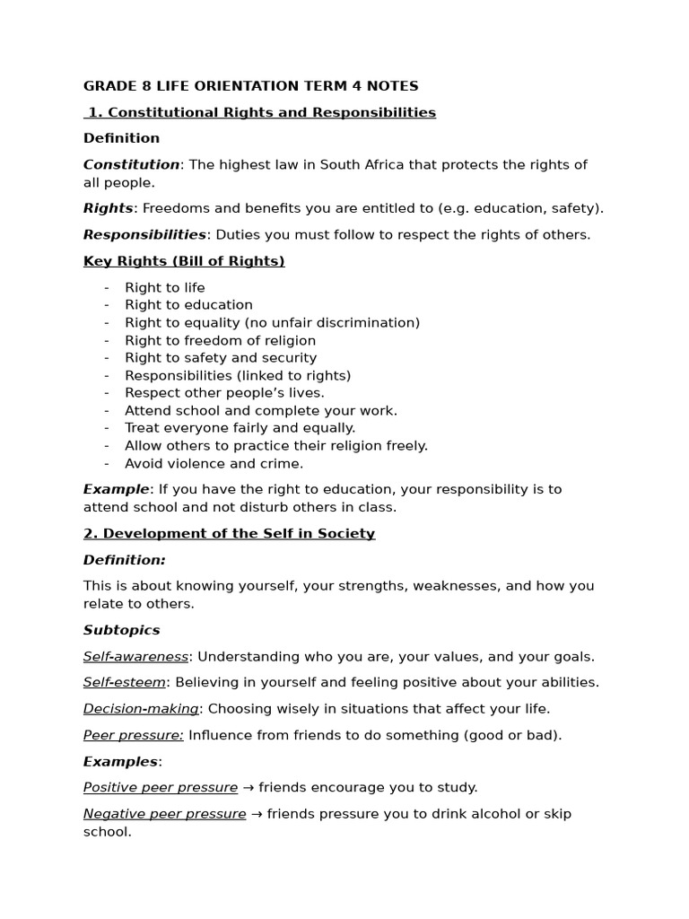 Grade 8 Life Orientation Term 4 Guide | PDF | Hygiene | Social Psychology