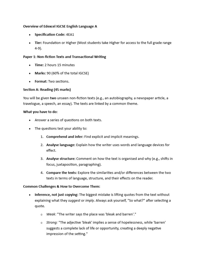 Edexcel IGCSE English Language A Guide | PDF | Learning | Writing