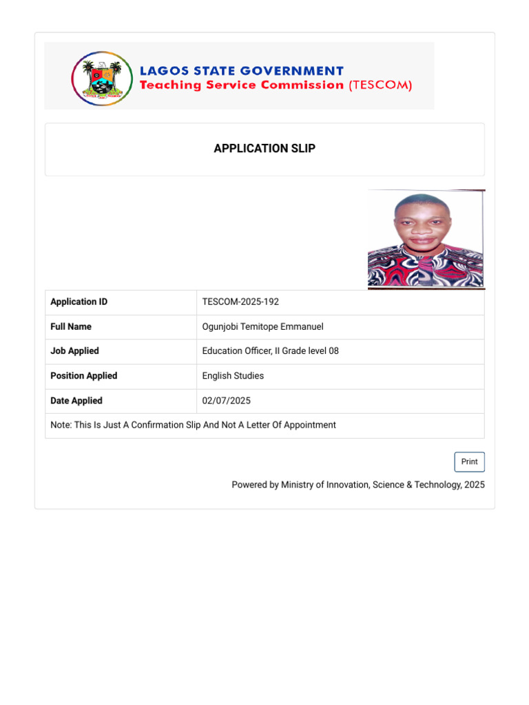 Application Slip for Education Officer Position | PDF