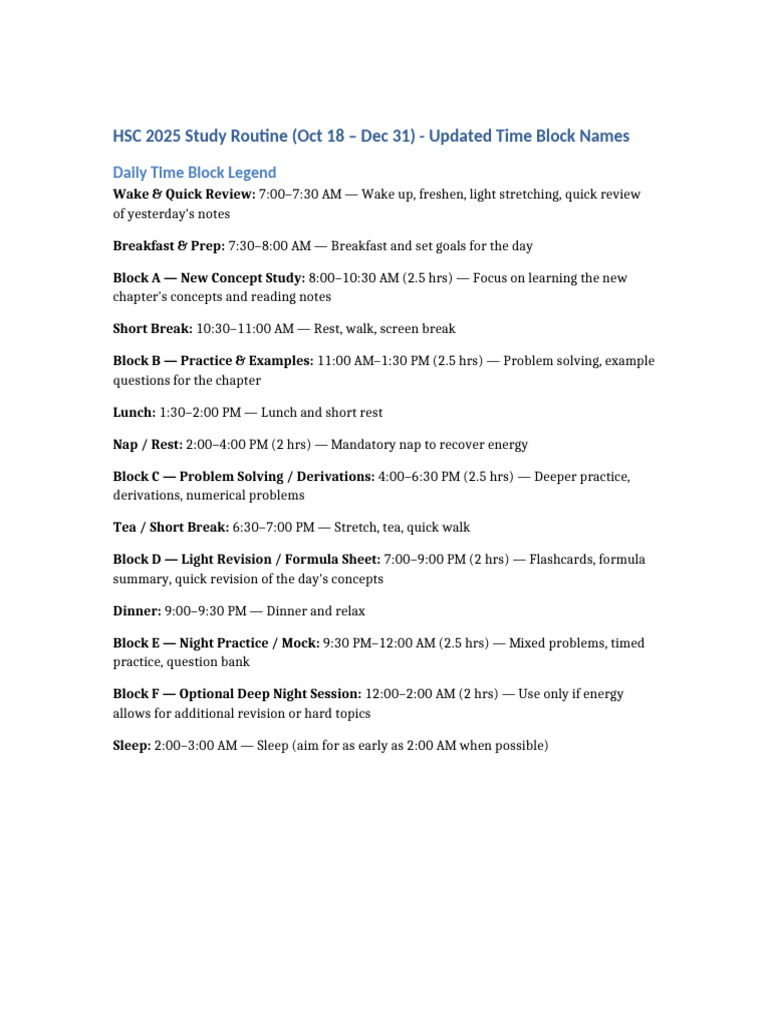 HSC 2025 Study Schedule Overview | PDF