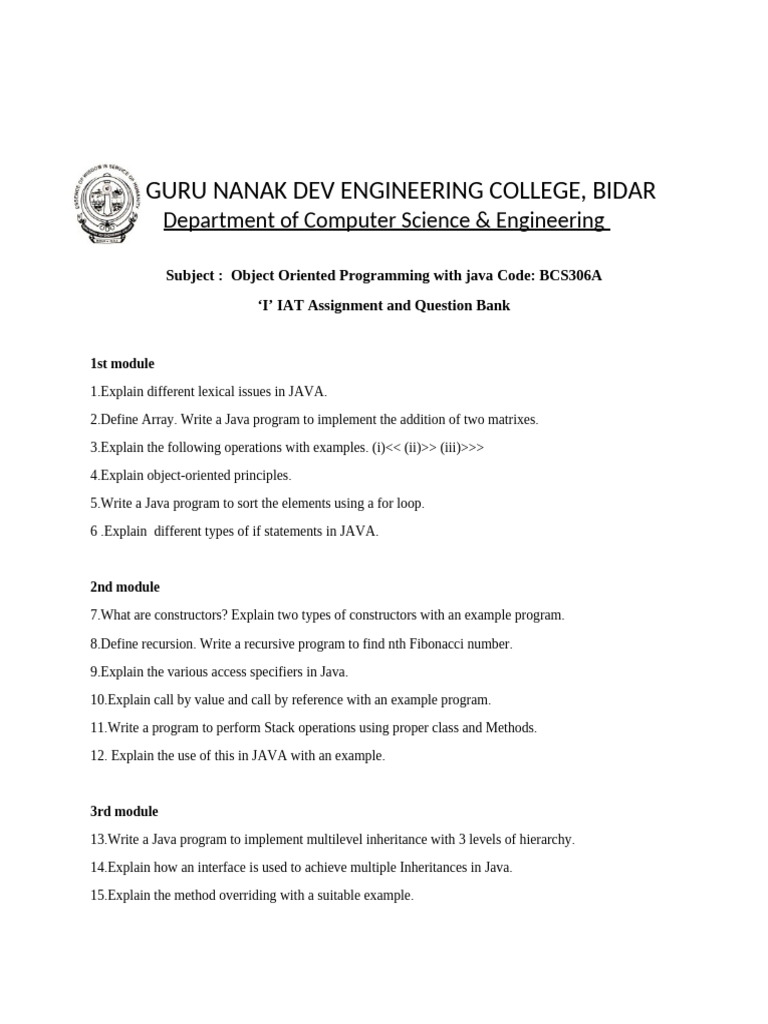 24 Batch I IAT Java Assignment QB 3rd Sem | PDF