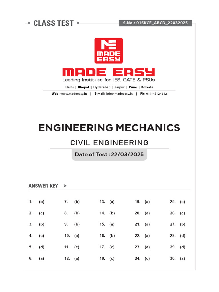 Engineering Mechanics Class Test Answer Key | PDF | Force | Momentum