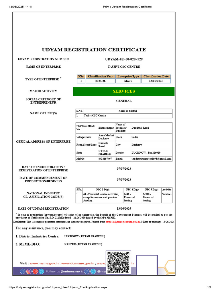 Udyam Registration Certificate for Tashvi CSC | PDF