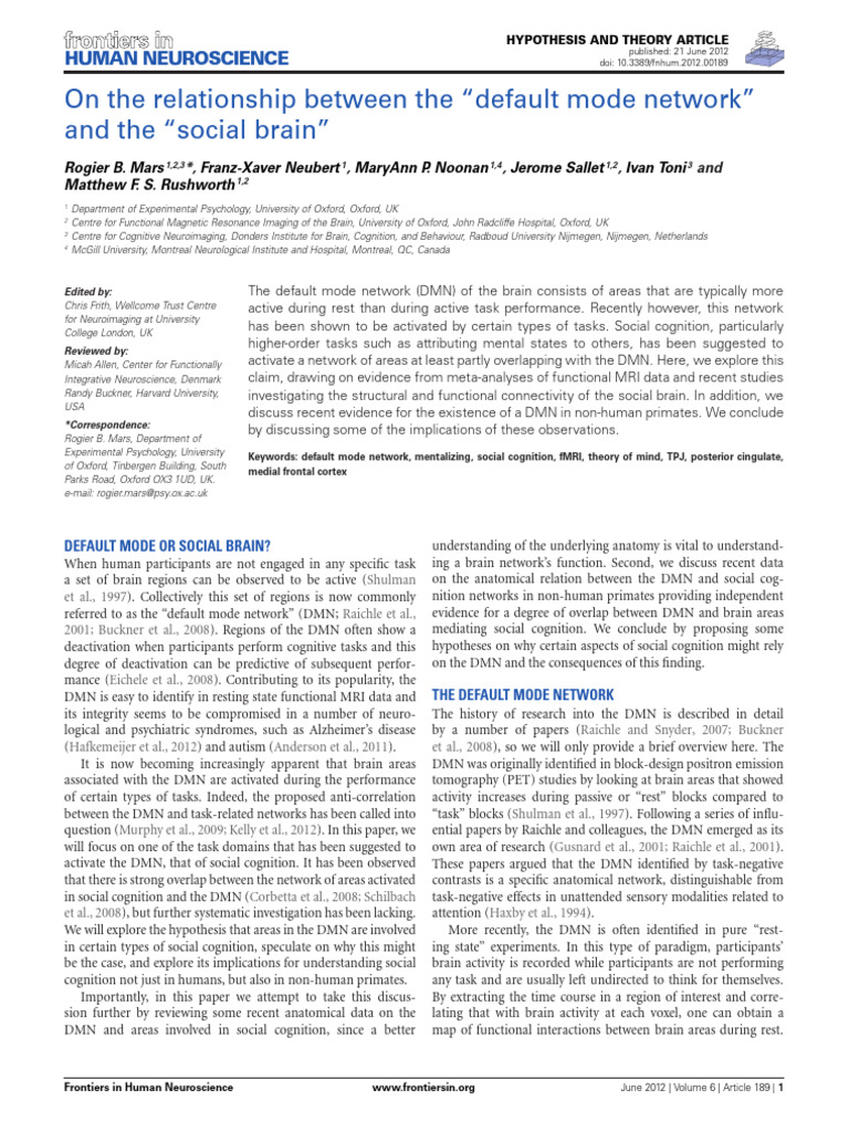 Default mode network and social cognition | PDF | Cingulate Cortex ...