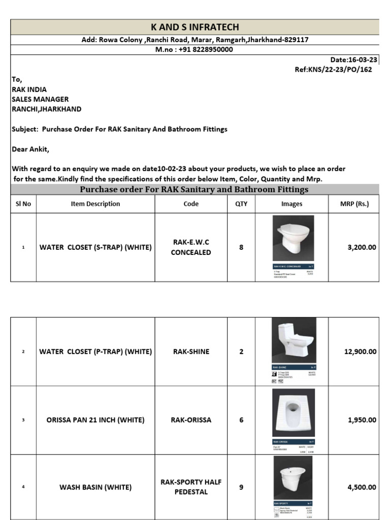 Purchase Order for RAK Bathroom Fittings | PDF | Tap (Valve) | Sink