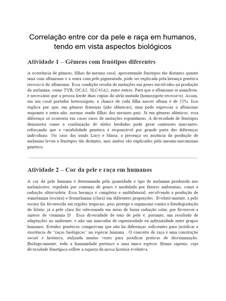 Correlação entre cor da pele e raça em humanos, tendo em vista aspectos ...