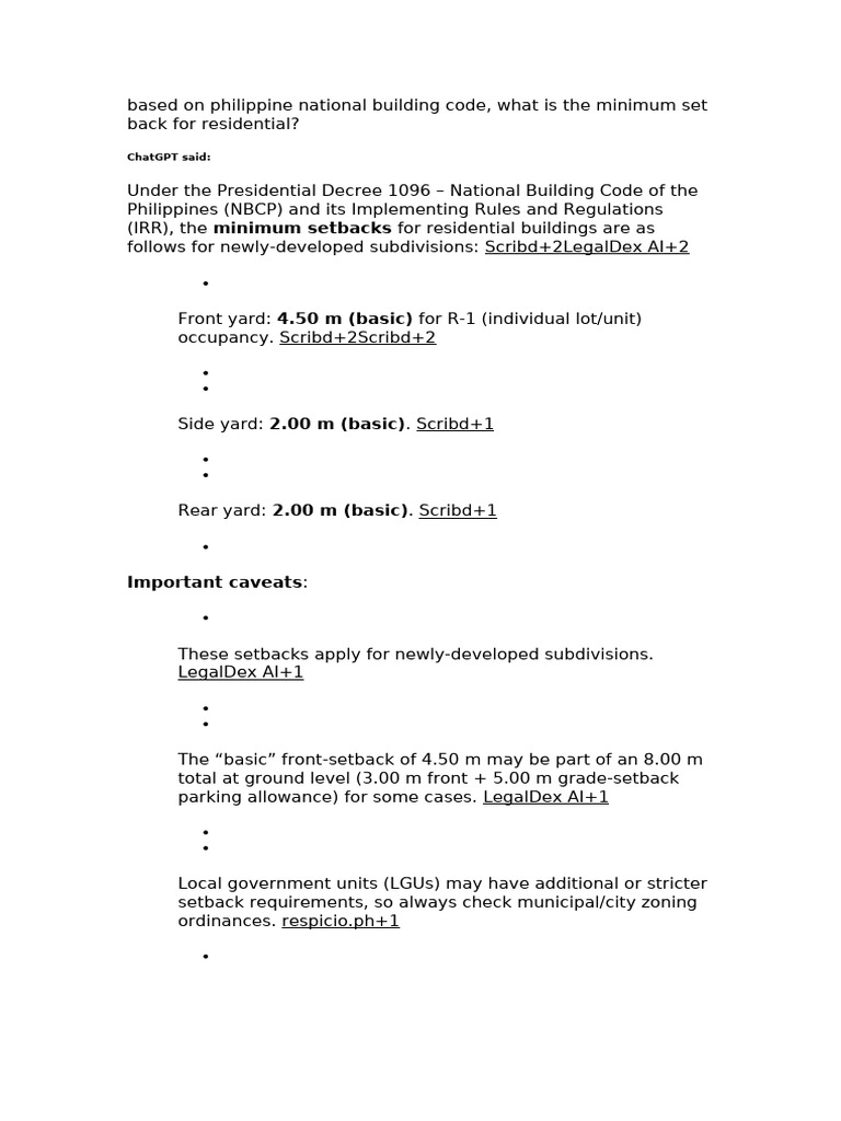 Minimum Setbacks for R-1 Residential Buildings | PDF | Building Code ...
