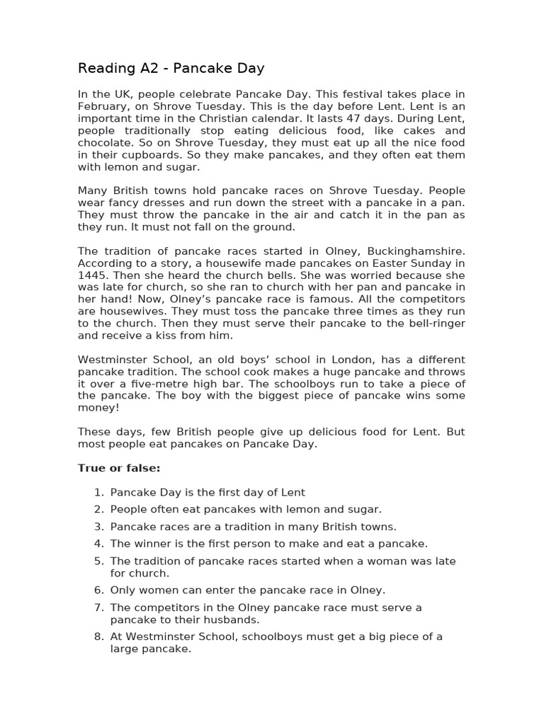 Reading A2 - Pancake Day | PDF