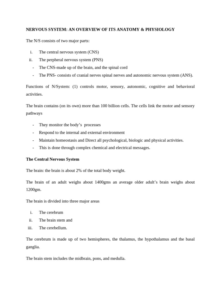 Nervous System and Overview of Its Anatomy and Physiology | PDF ...