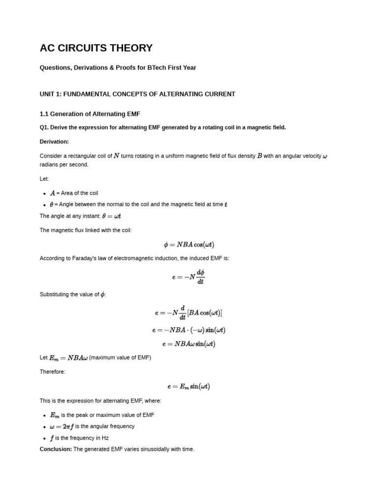 Alternating EMF Derivation in AC Circuits | PDF | Ac Power | Electrical ...