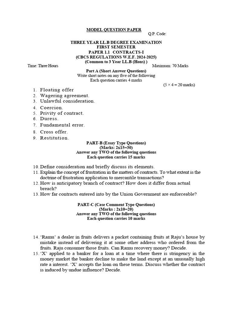 LL.B First Semester Model Question Papers | PDF | Negligence | Justice