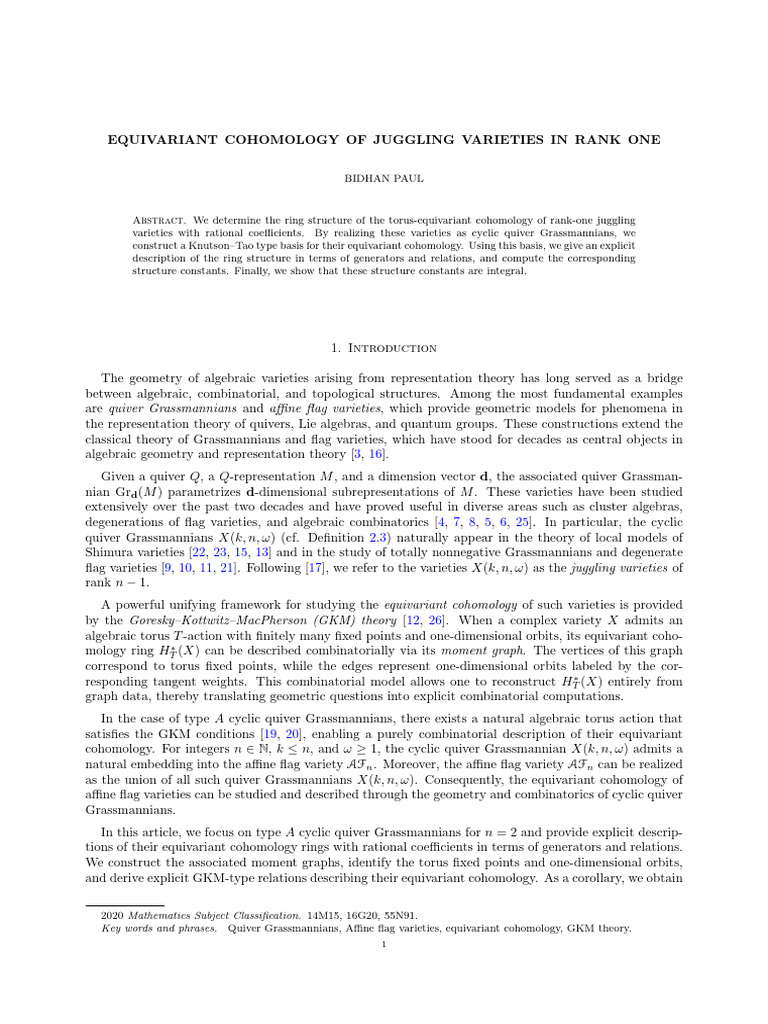 Equivariant Cohomology of Juggling Varieties in Rank One: Quiver ...