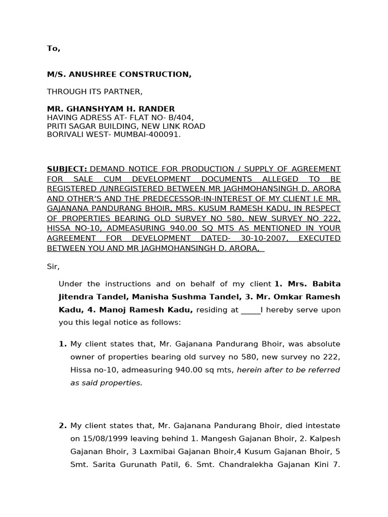Demand Notice Mangesh Bhoir | PDF | Private Law | Justice