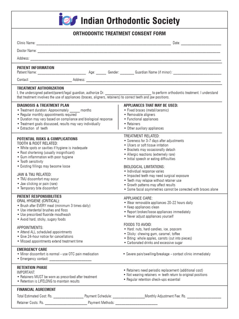 Orthodontic Treatment Consent Form | PDF | Orthodontics | Medical ...