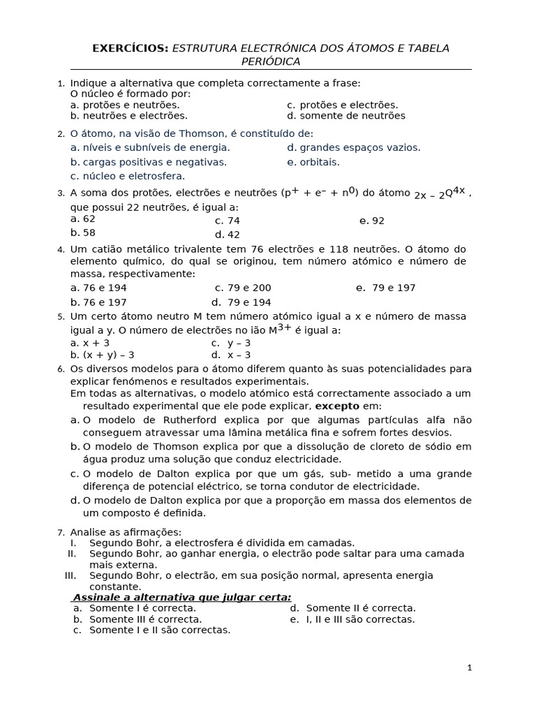 Exercicios 2- Ã tomo e Tabela Periodica | PDF | Átomos | Núcleo atômico