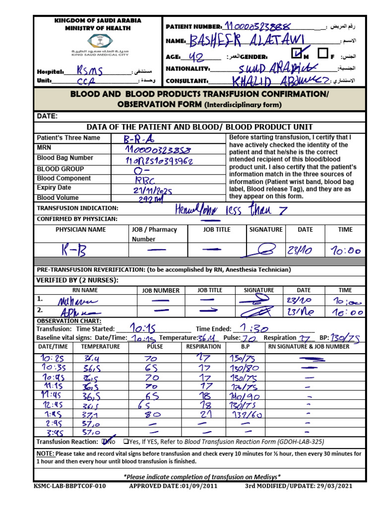 Blood Transfusion Confirmation Form | PDF | Blood Transfusion | Physiology