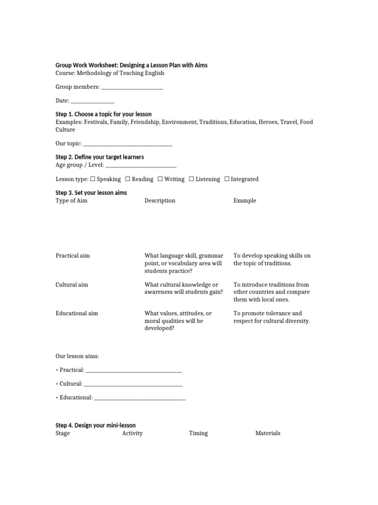 Group Work Lesson Plan Aims | PDF