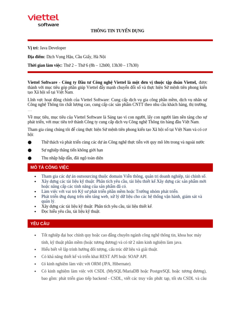 Viettel Software - JD Java Developer | PDF
