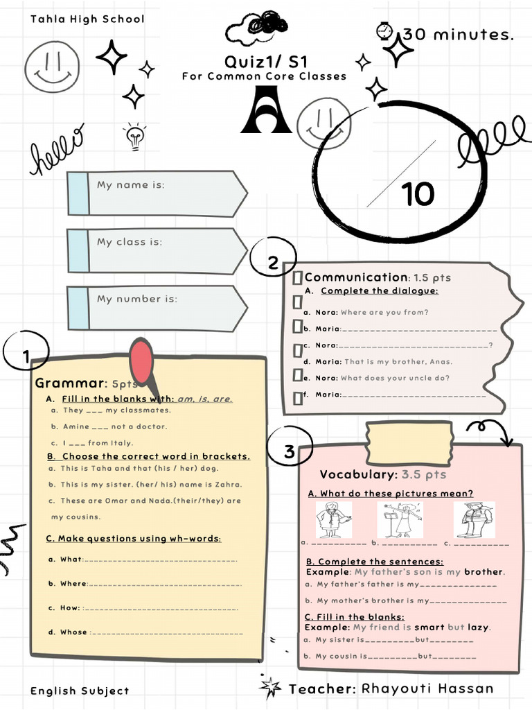 English Grammar Quiz for Tahla High School | PDF