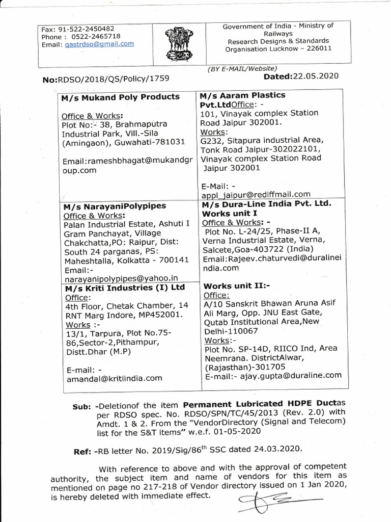 Rdso PLB Duct Deletion | PDF | Railway Companies | Rail Transport