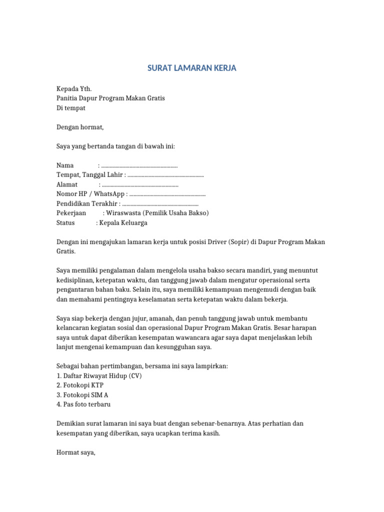 Surat Lamaran Kerja Driver MBG | PDF