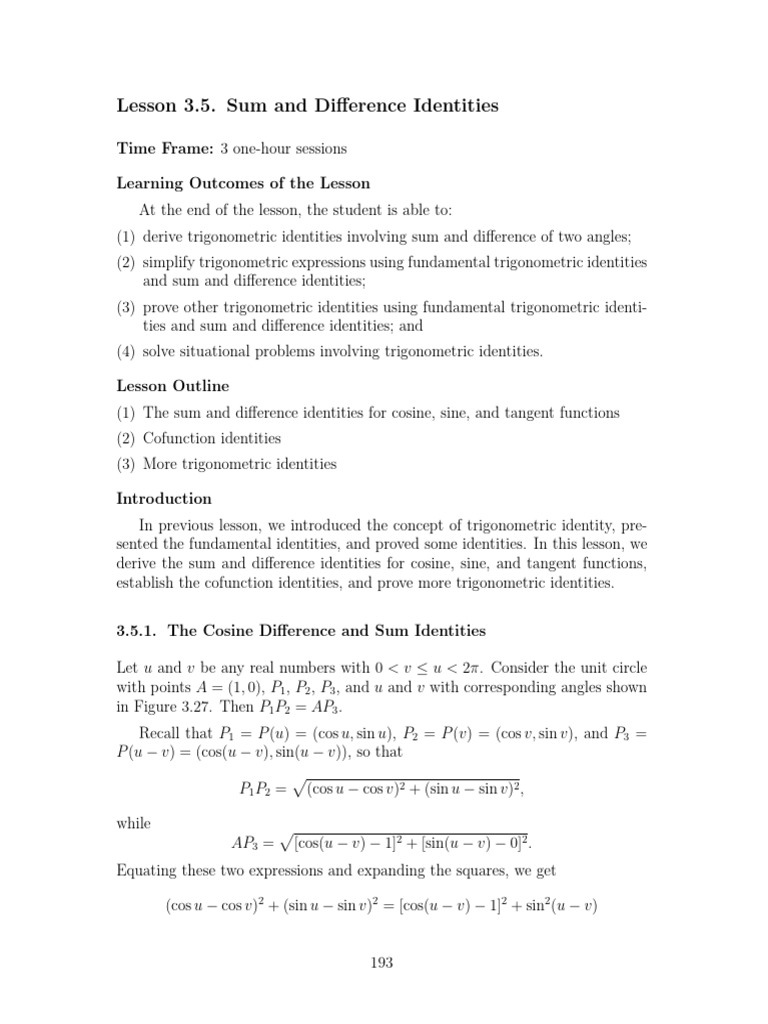 MATH 1085 - Sum and Difference Identities | PDF | Trigonometric ...