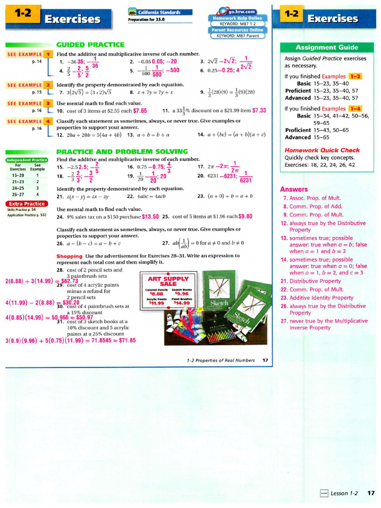 Algebra 2 1.2 Exercises | PDF