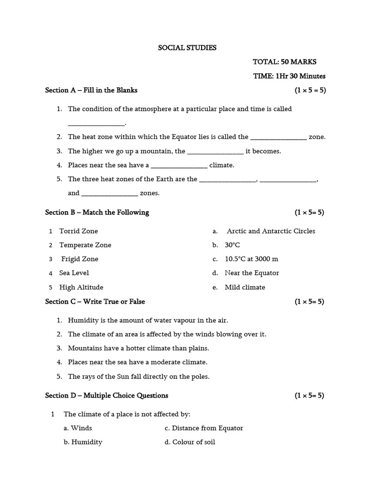 Social Studies Climate Assessment Test | PDF | Temperate Climate | Equator