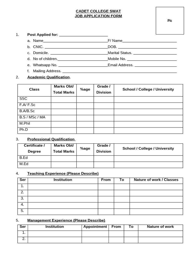 Cadet College Swat Job Application Form | PDF