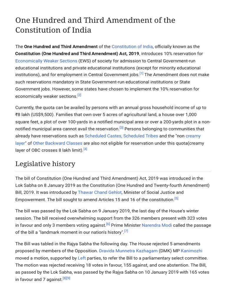 103rd Amendment: EWS Reservation in India | PDF | Government Of India ...