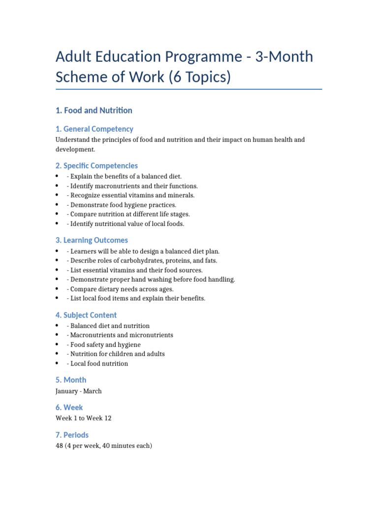 Food and Nutrition Scheme of Work | PDF