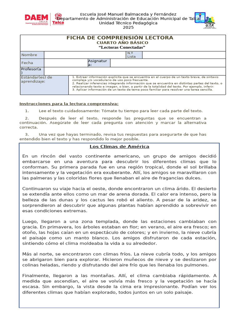Comprensión Lectora: Climas de América | PDF | Clima | Nieve
