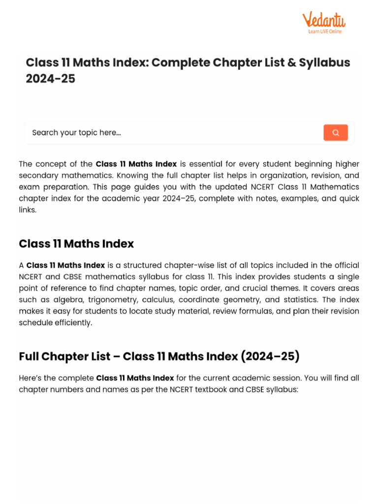 Class 11 Maths Index - Complete Chapter List & Syllabus 2024-25 | PDF
