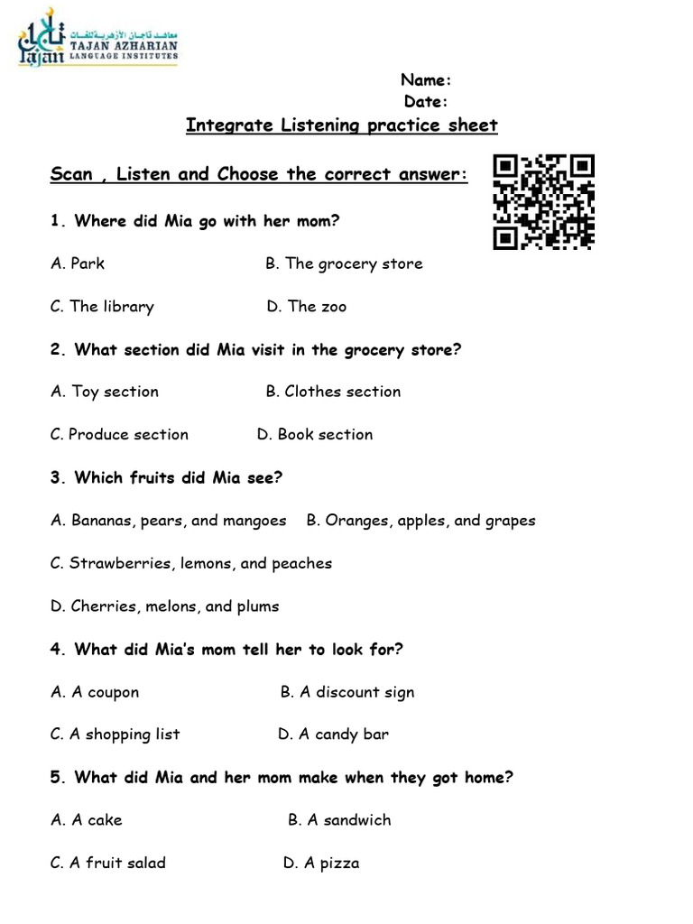 Listening Practice: Grocery Store Quiz | PDF