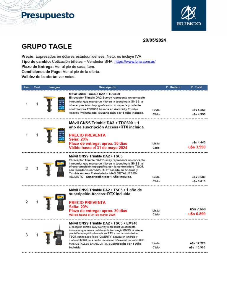 Ofertas Móviles GNSS Trimble DA2 2024 | PDF | Cheque | Bancos