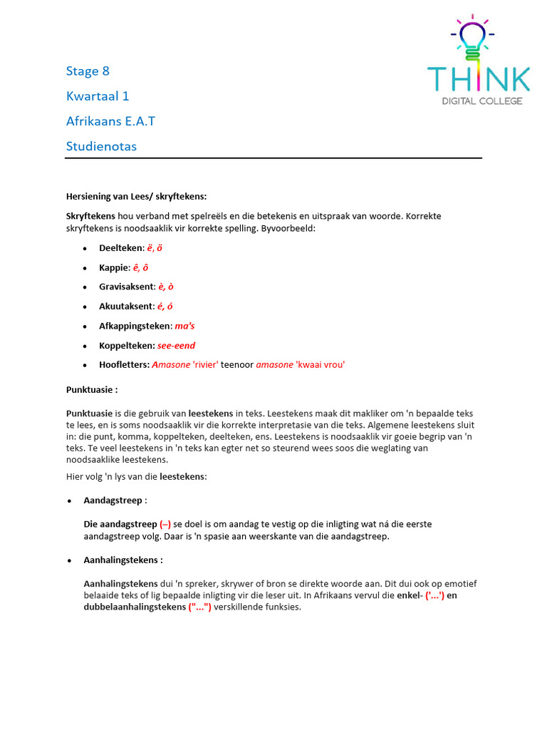 Afrikaans - Term 1 Study Notes | PDF