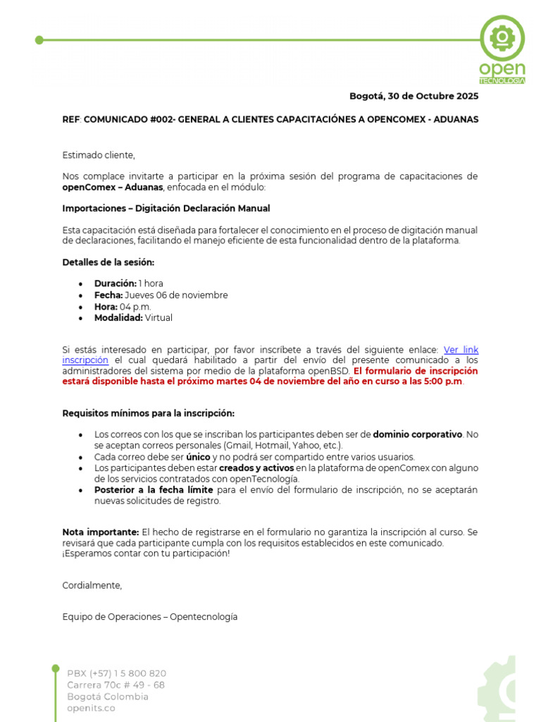 Comunicado #002 - Capacitaciones Opencomex Aduana | PDF