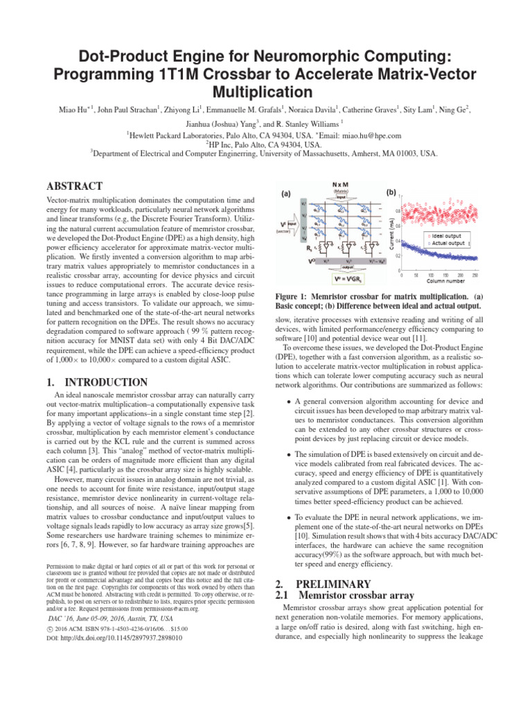 Dot-product Engine for Neuromorphic Computing Programming 1T1M Crossbar ...