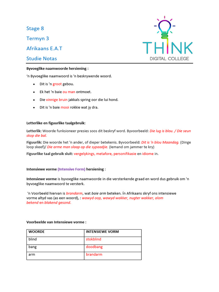 Afrikaans - Term 3 Study Notes | PDF