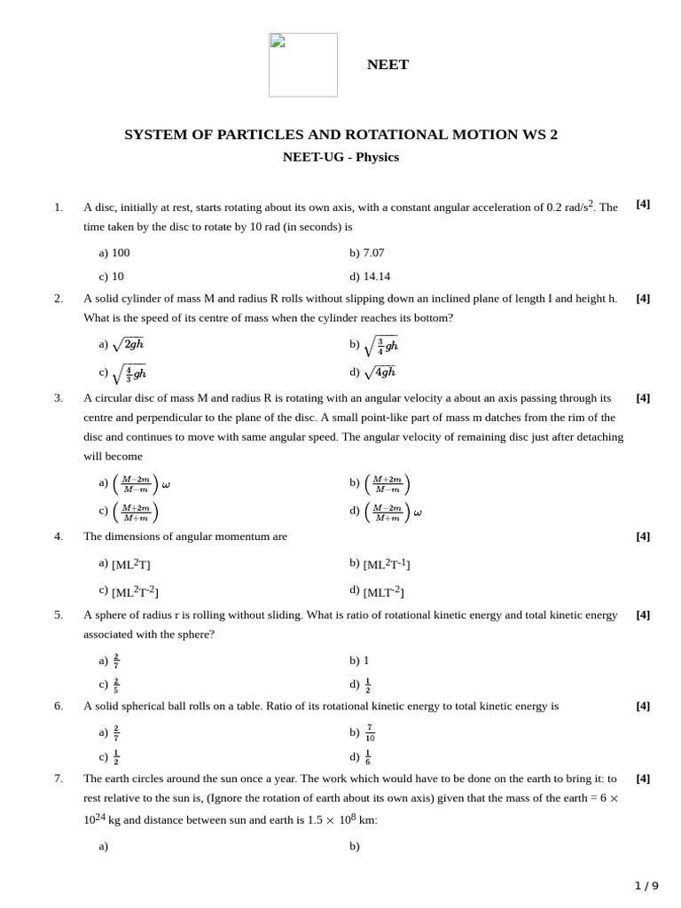 System of Particles and Rotational Motion WS 2 | PDF | Rotation Around ...