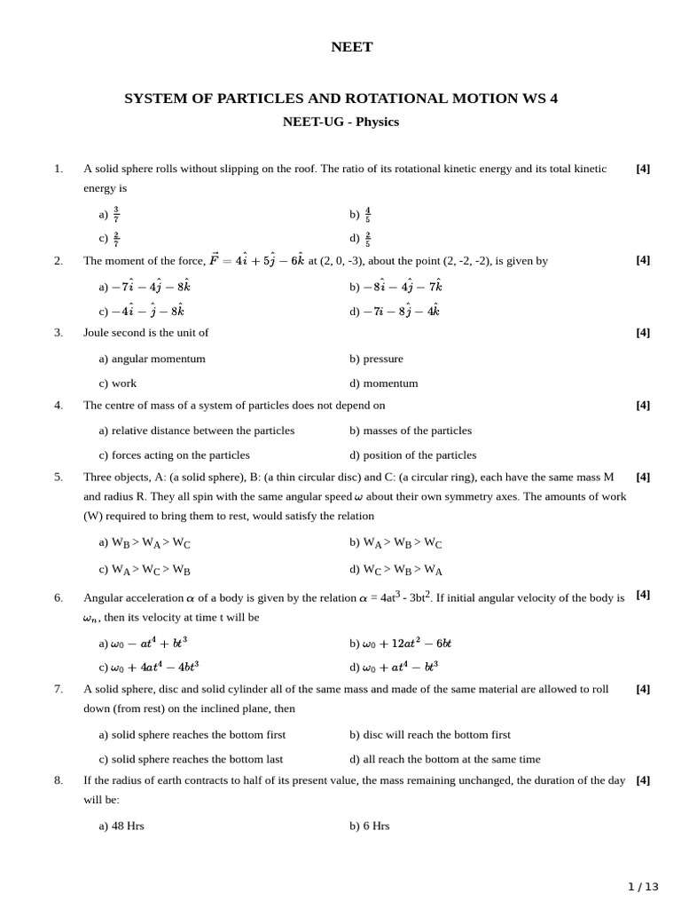 NEET Physics: Rotational Motion Questions | PDF | Rotation Around A ...