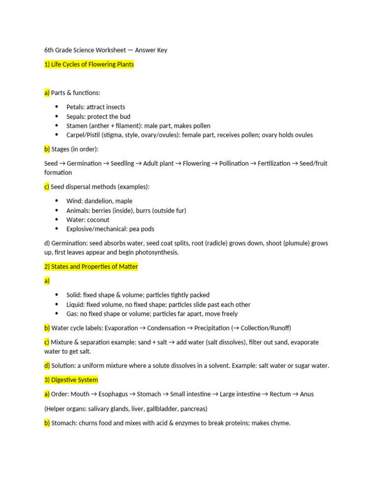 6th Grade Science Worksheet | PDF | Seed | Flowers