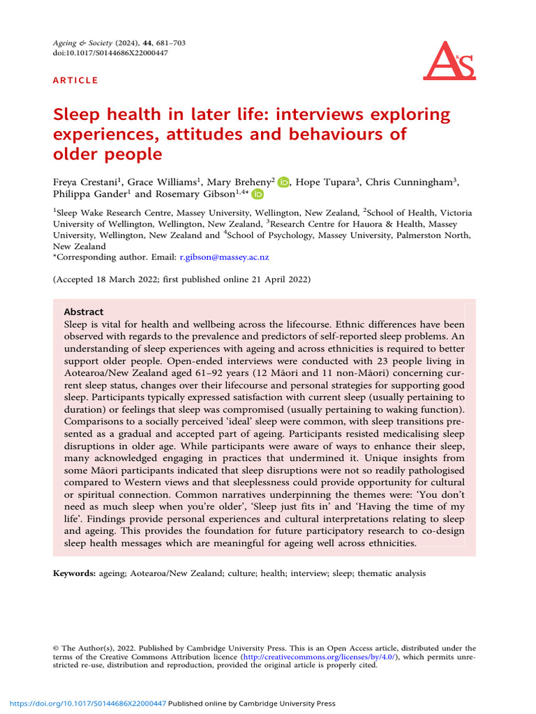 Sleep Health in Later Life Interviews Exploring Experiences Attitudes and Behaviours of Older ...