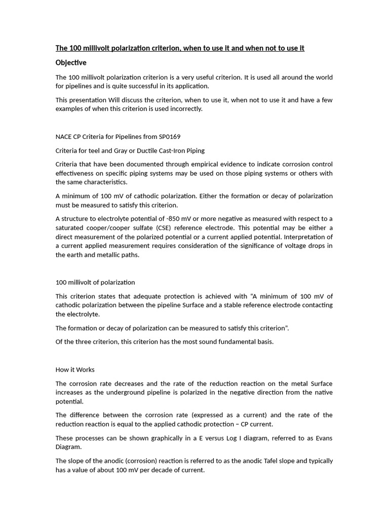 The 100 Millivolt Polarization Criterio | PDF | Corrosion | Electricity