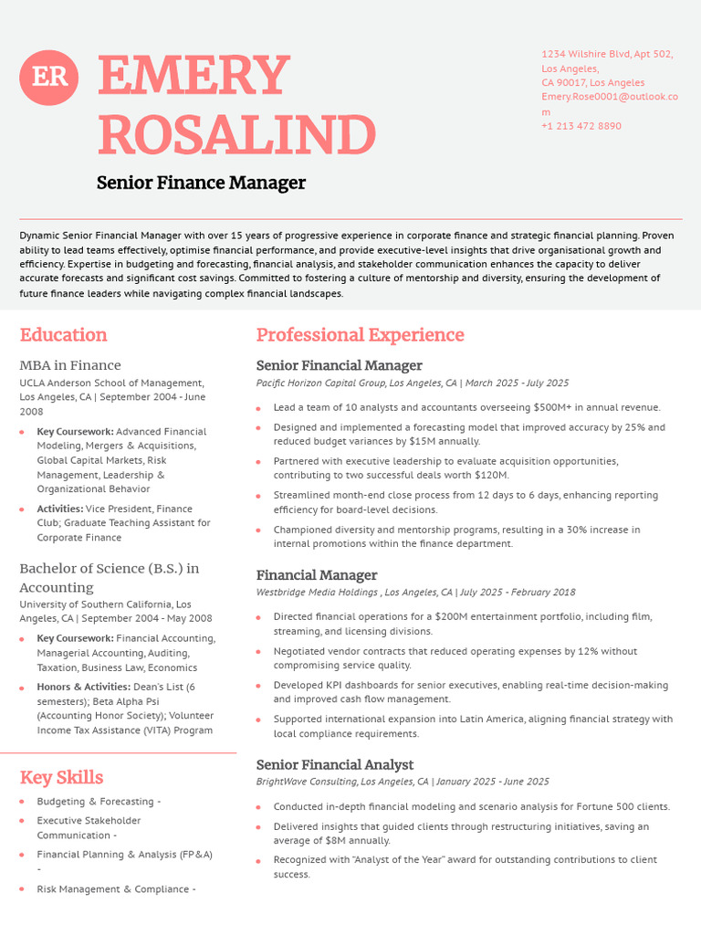 Emery Rosalind Resume | PDF | Financial Analyst | Management Accounting