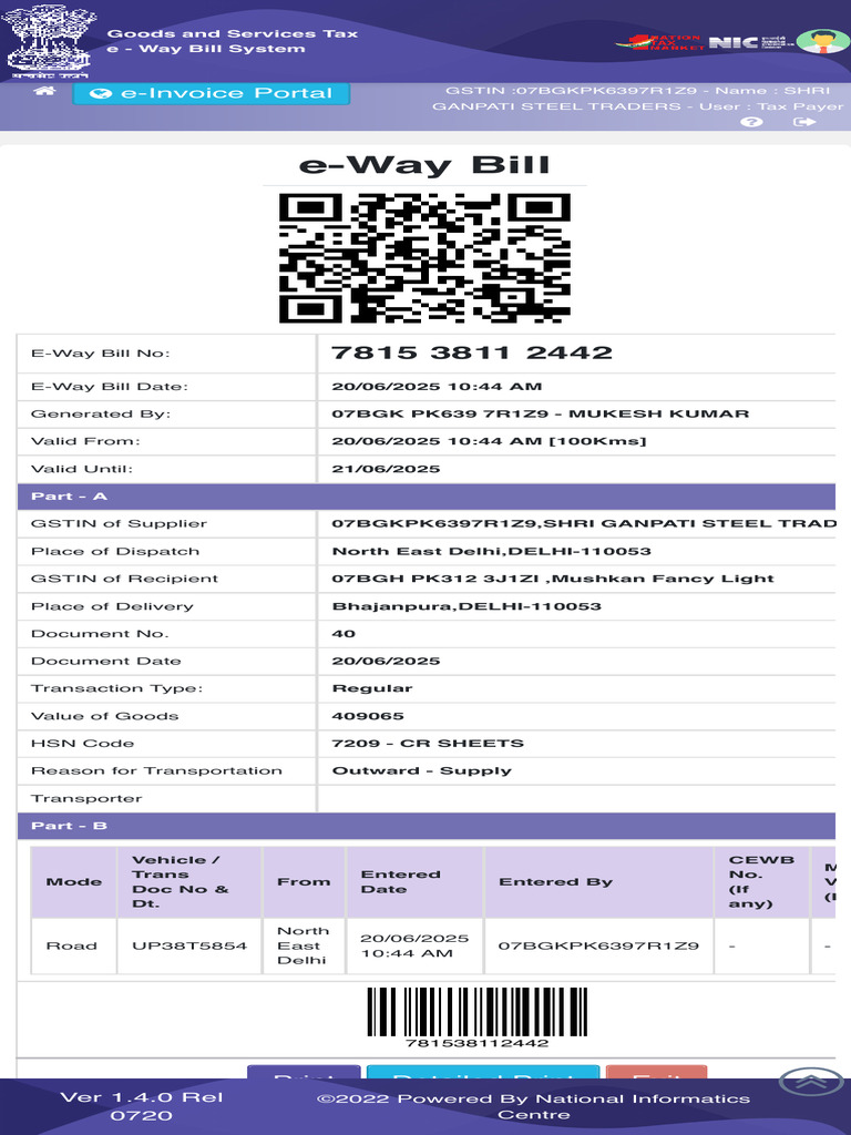 GST e-Way Bill Details for Shipment | PDF